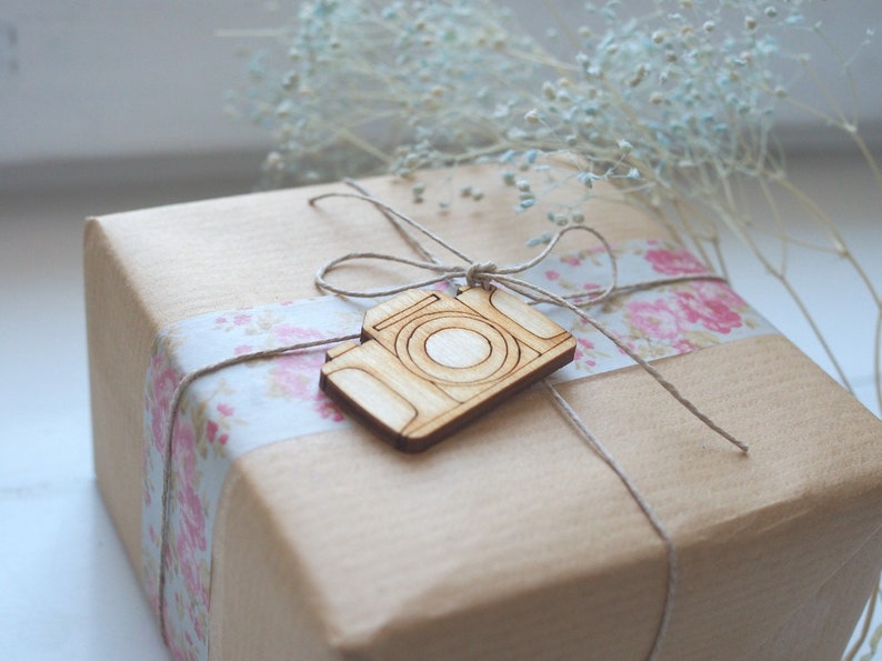 Camera tag for photographers natural wood laser cut | Etsy