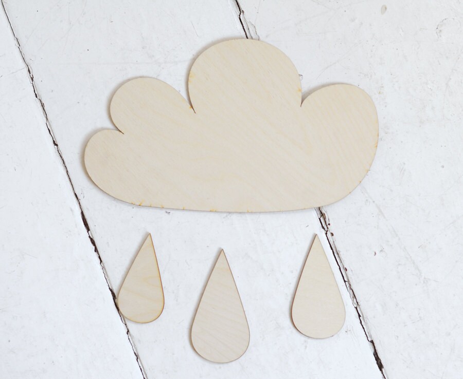 BIG 25cm Wooden Cloud WITH DROPS Natural Wood Ready to | Etsy