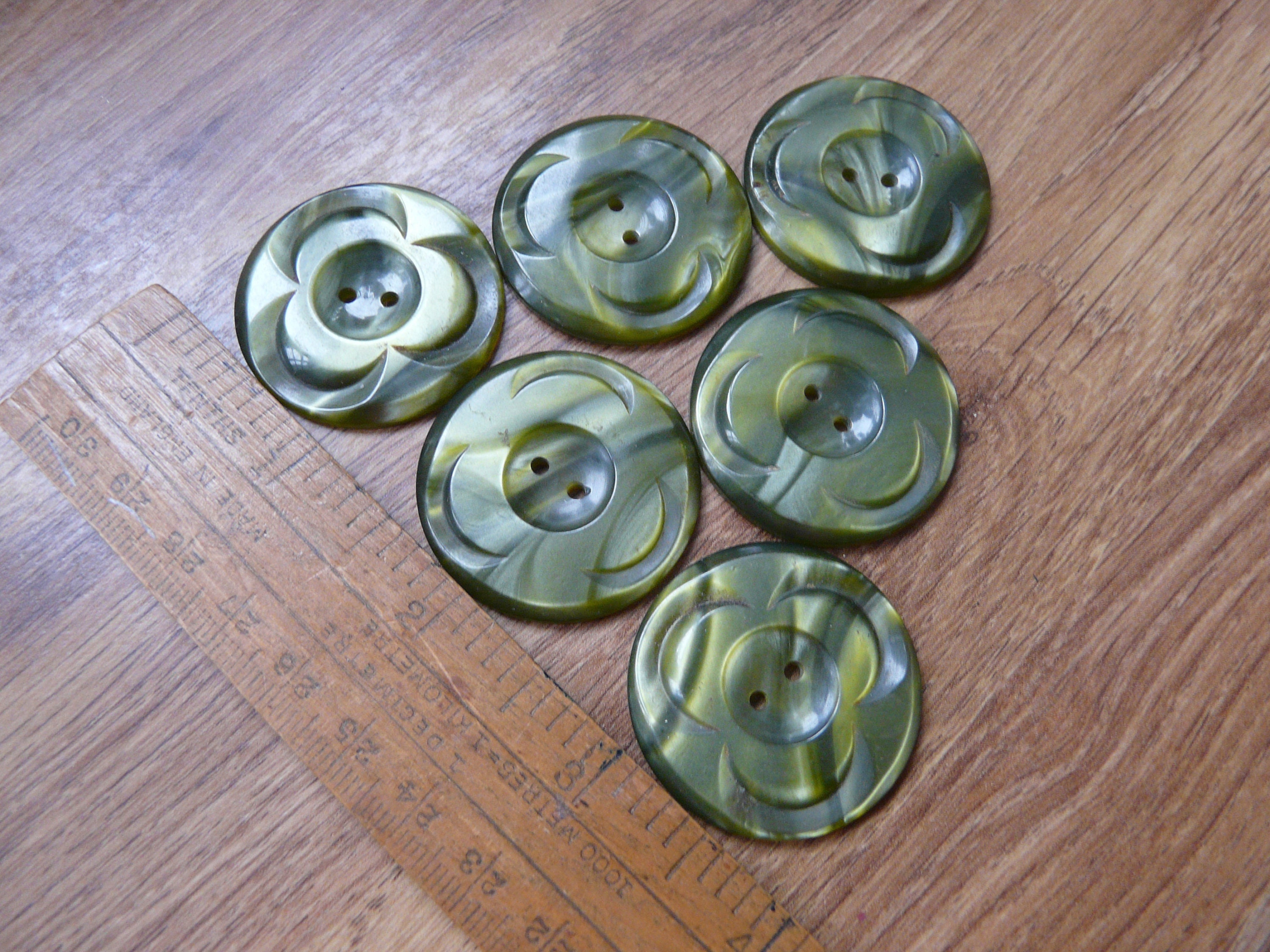 6 six Large Vintage Art Deco Buttons Green Floral Diameter 13/8 / 34mm ...