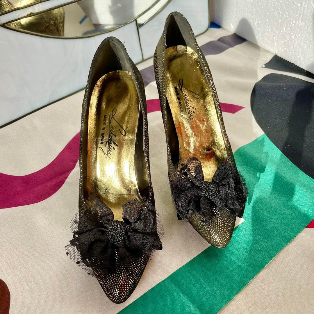 Luichiny 90s Gold Leather Heels With Bows. - Etsy