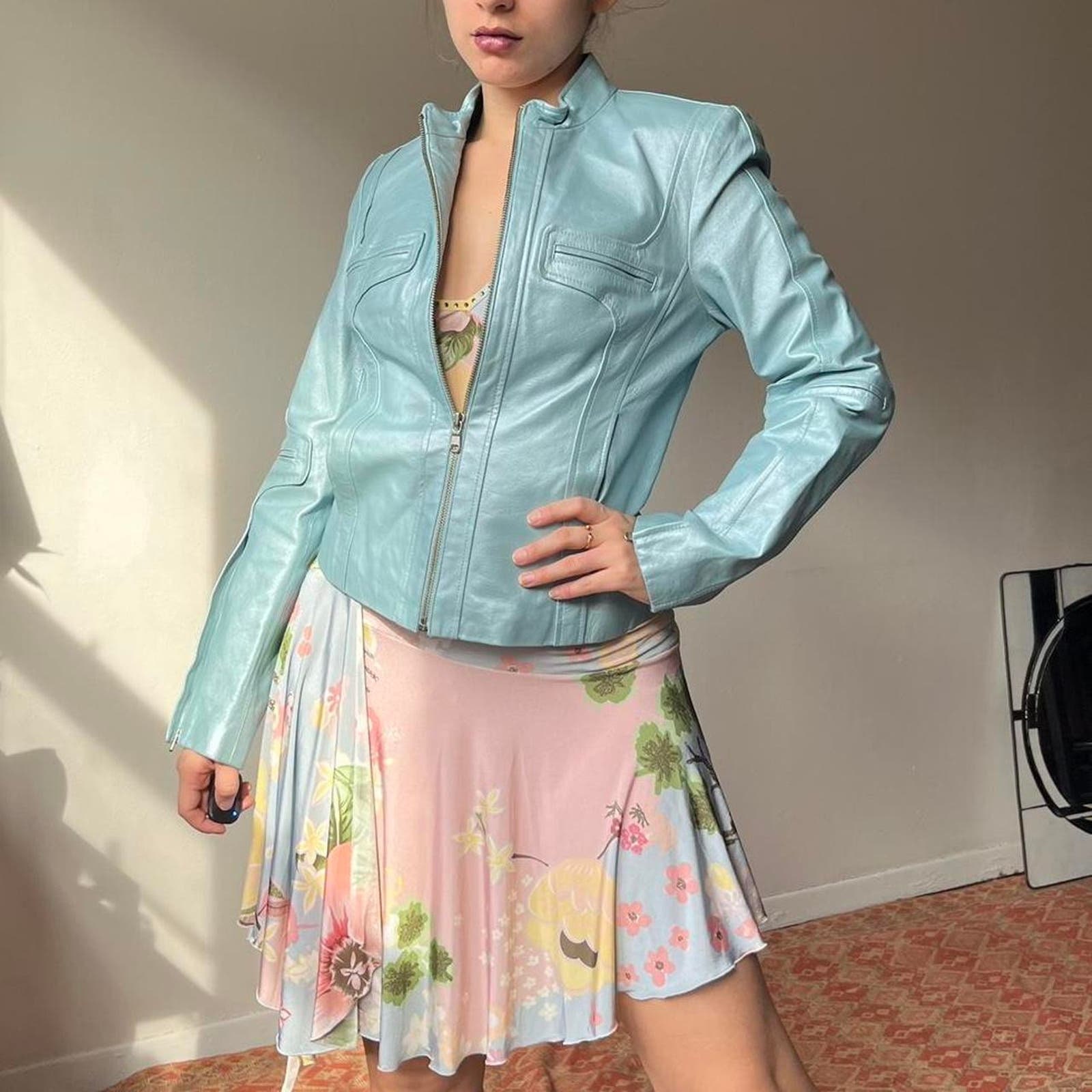 Y2K Baby Blue Metallic Leather Leather Jacket - Etsy