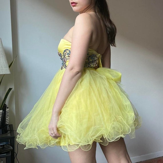 vtg y2k yellow micro mini tulle prom dress by sherri … - Gem