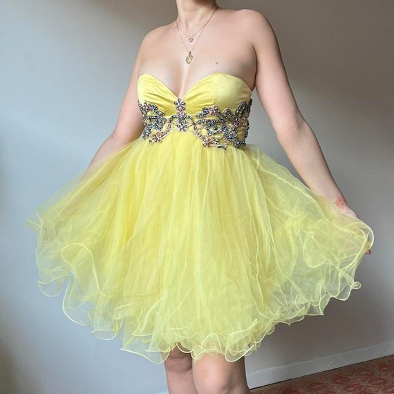 vtg y2k yellow micro mini tulle prom dress by sherri … - Gem