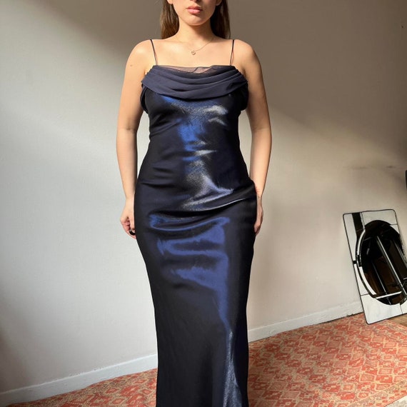 gorgeous y2k vampy shimmering deep blue prom dress go… - Gem