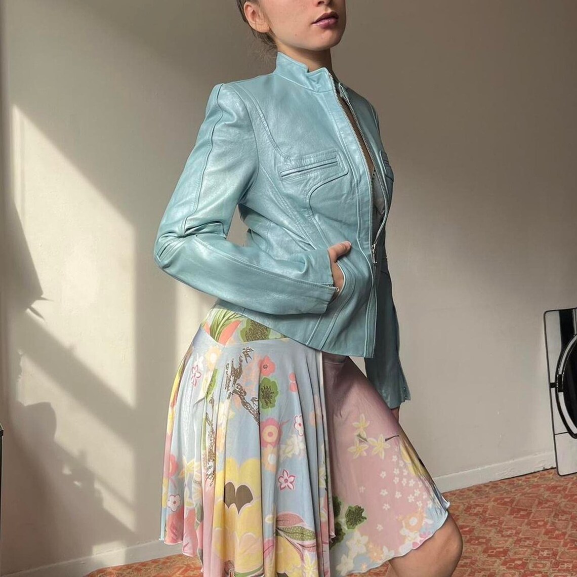 Y2K Baby Blue Metallic Leather Leather Jacket - Etsy