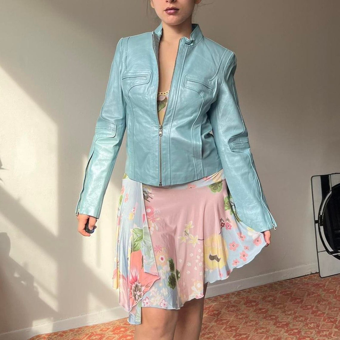 Y2K Baby Blue Metallic Leather Leather Jacket - Etsy
