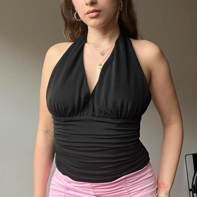 Vintage 90s Ruched Black Halter Top - Etsy