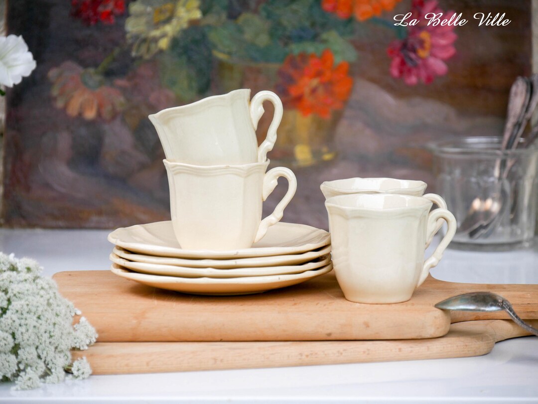 4 Vintage French Cream Scalloped Edge Coffee Cups and Saucers ...