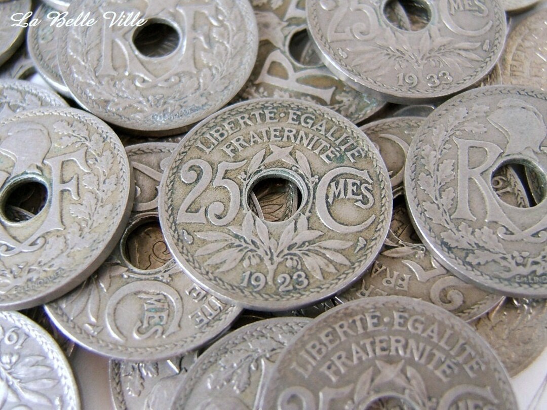 2 Vintage French 25 Centimes Coins With Hole - 1920s 1930s Coins for ...