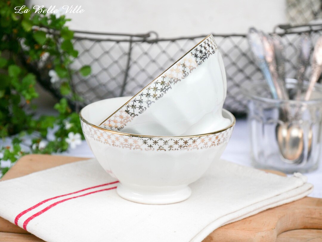 2 Vintage French White Coffee Bowls - Small Antique Fluted Café Au Lait ...