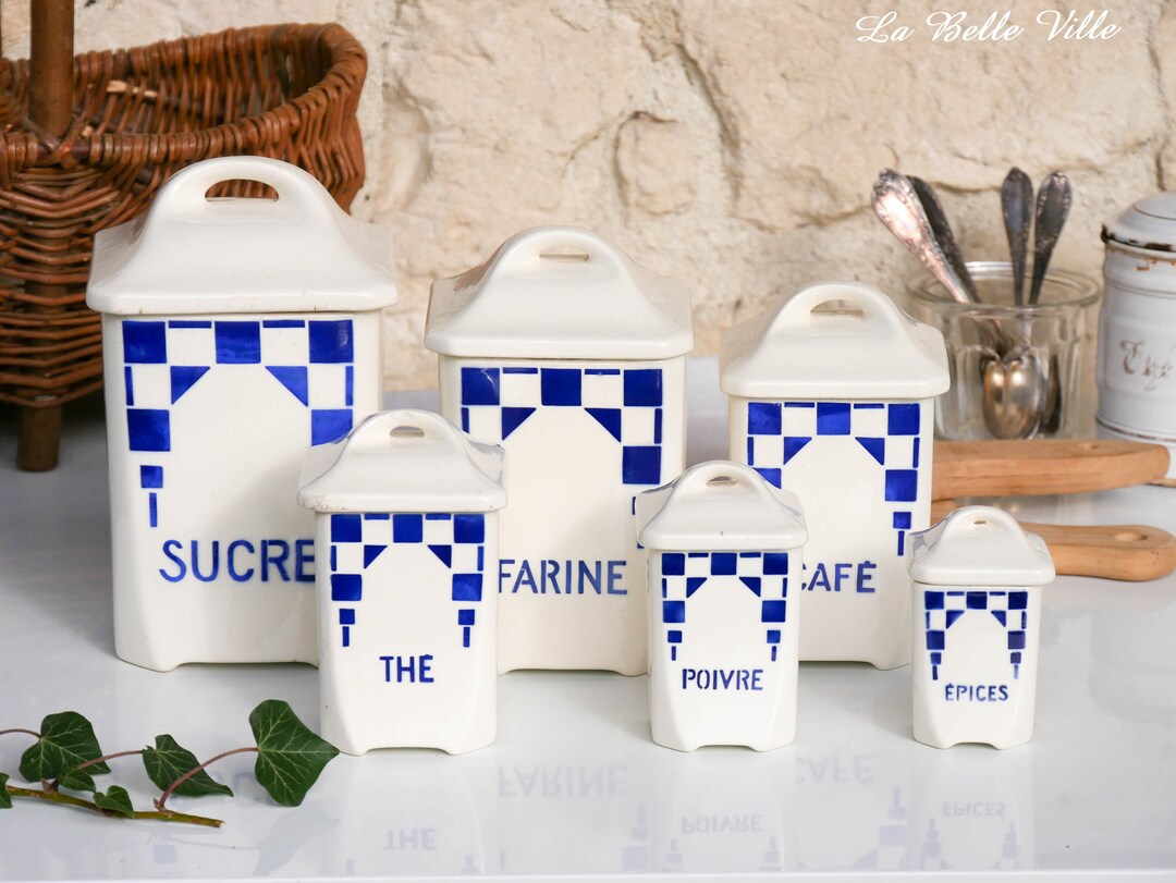 6 Vintage French Kitchen Canisters - 1920s Badonviller Ironstone Spice ...