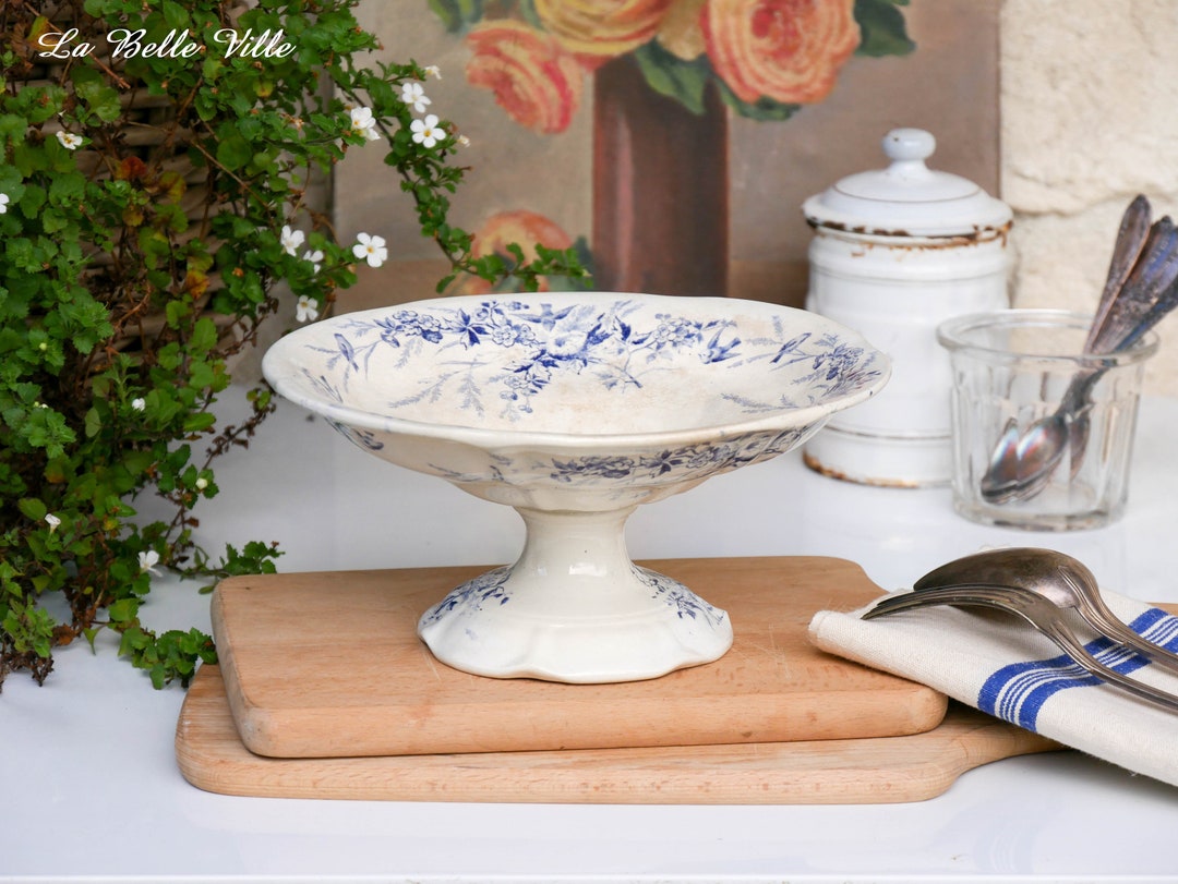Vintage French Compote Dish Antique Footed Cake Stand With Blue Birds ...