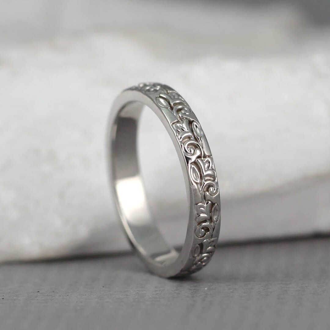 14K White Gold Wedding Band Design Band Stacking Ring Pattern Wedding ...