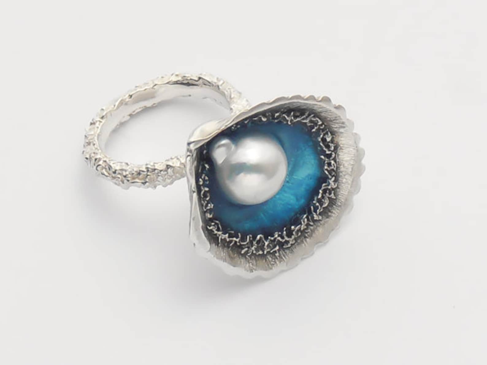Silver Shell Ring With Akoya Pearl Akoya Pearl Engagement - Etsy