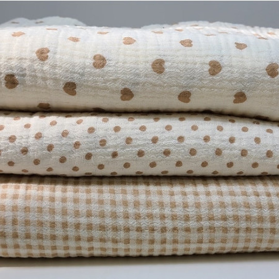 Beige Wrinkled Cotton Double Gauze, Soft Gauze Check, Heart, Polka Dots ...