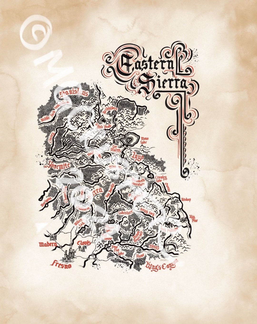 Eastern Sierra California Yosemite Hand-drawn Fantasy-style Map | Hand ...