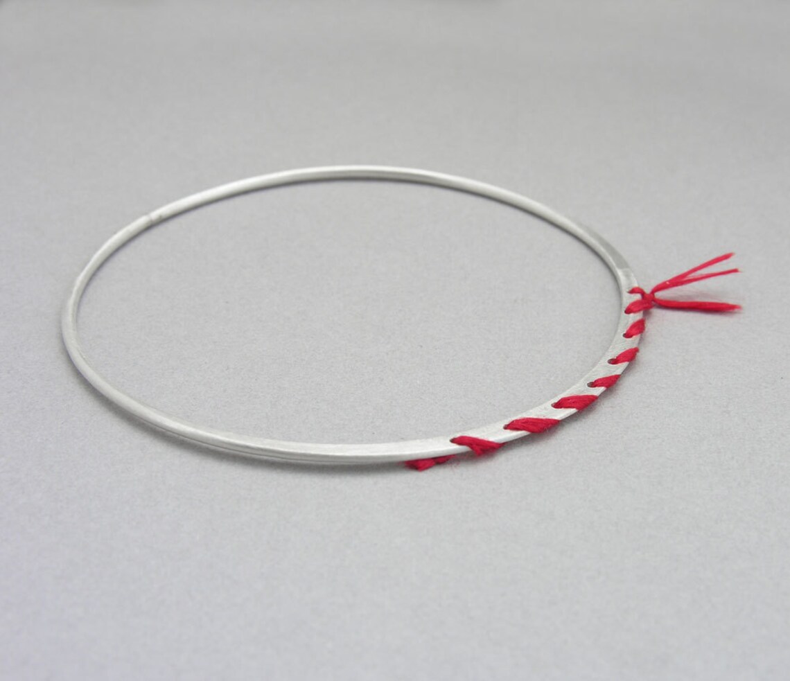 Silver Bangle With Red Silk Sterling Silver Cuff With Tassel - Etsy