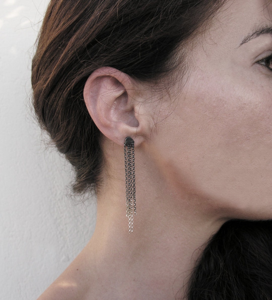 Chain Waterfall Earrings, Long Tassel Chain Earrings, Dangling Oxidised ...