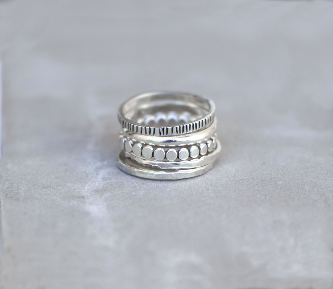 Set of 5 Sterling Silver Stacking Rings 925, Solid Stackable Textured Ring Set, Spacer Rings ...