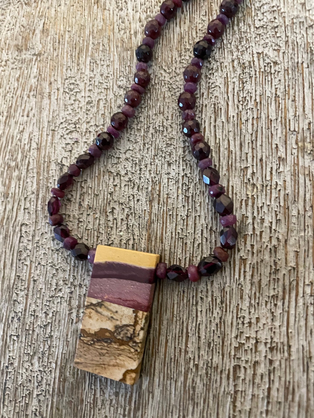 Picture JASPER, MOOKAITE Pendant Necklace. Ruby & Garnet, S.S. Faceted ...