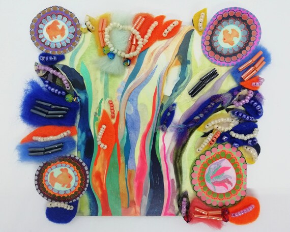 Mixed Media Ocean Textile Art With Mini Painted Goldfish and | Etsy