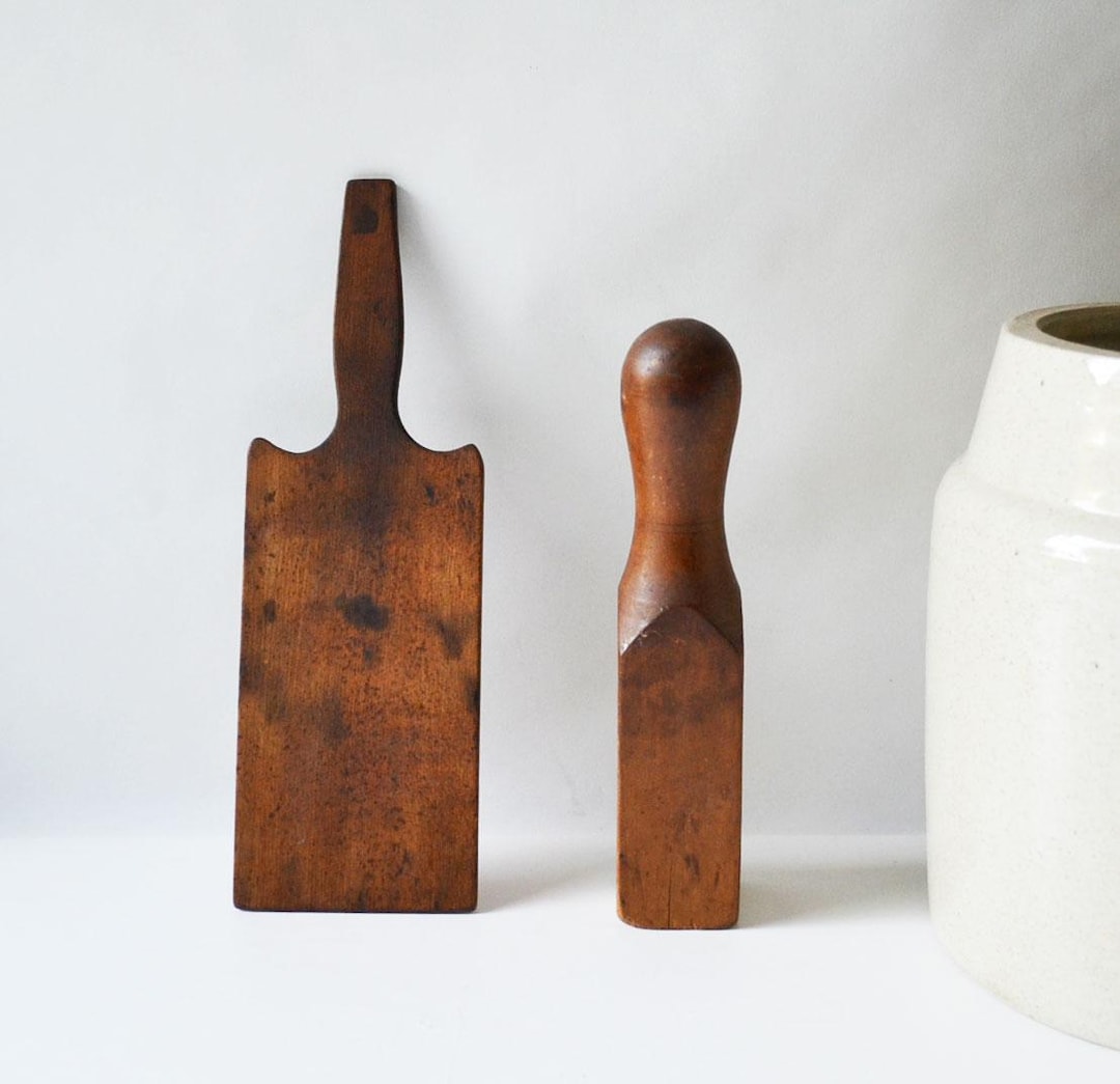 Lot of 2 Antique Wooden Kitchen Items Butter Paddle and Masher ...