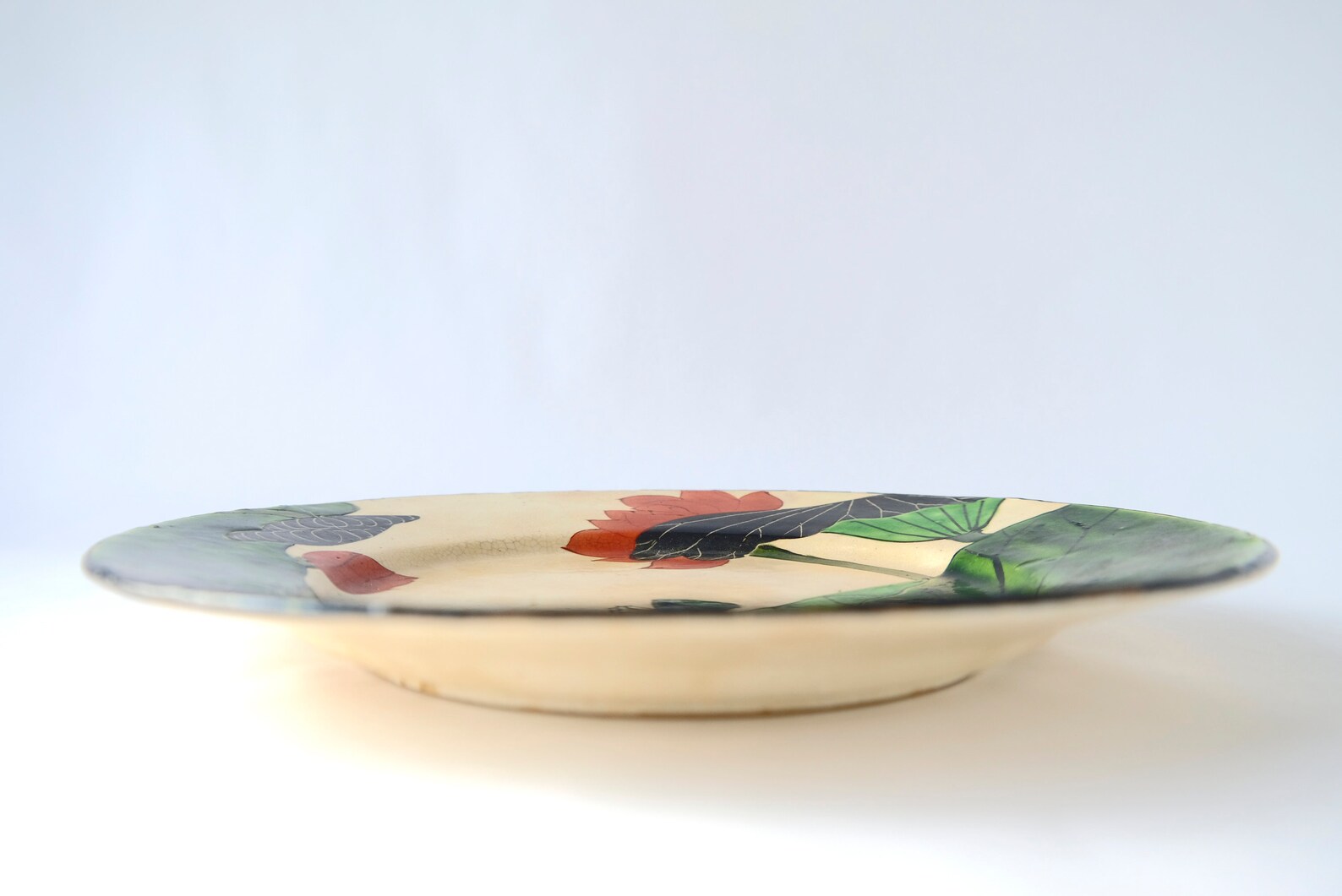 Antique Japanese Plate, Yamanaka Kenzan, Red Green Black Lotus Leaves ...