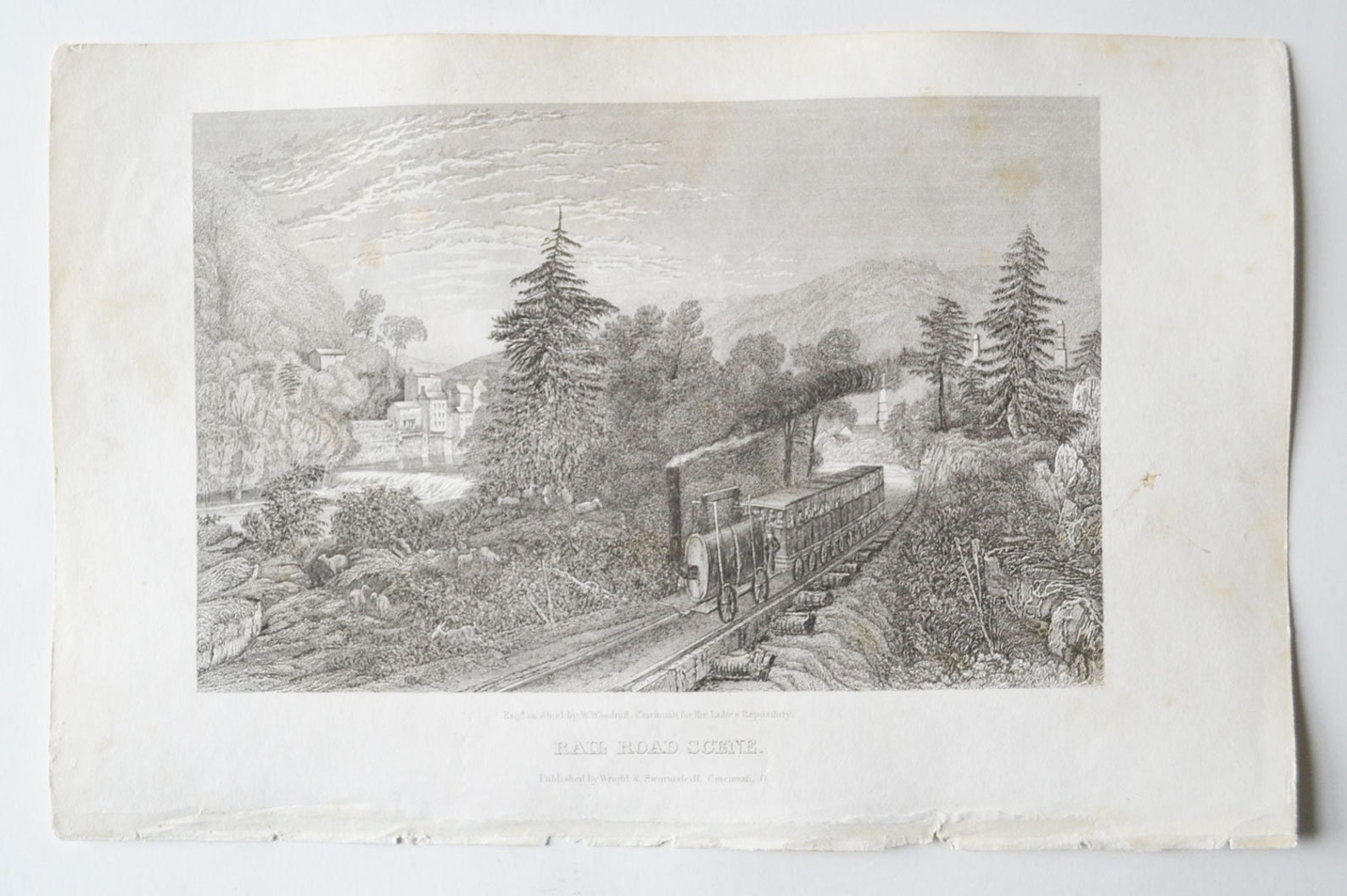 Antique Engraving Railroad Scene Steam Engine Train River | Etsy