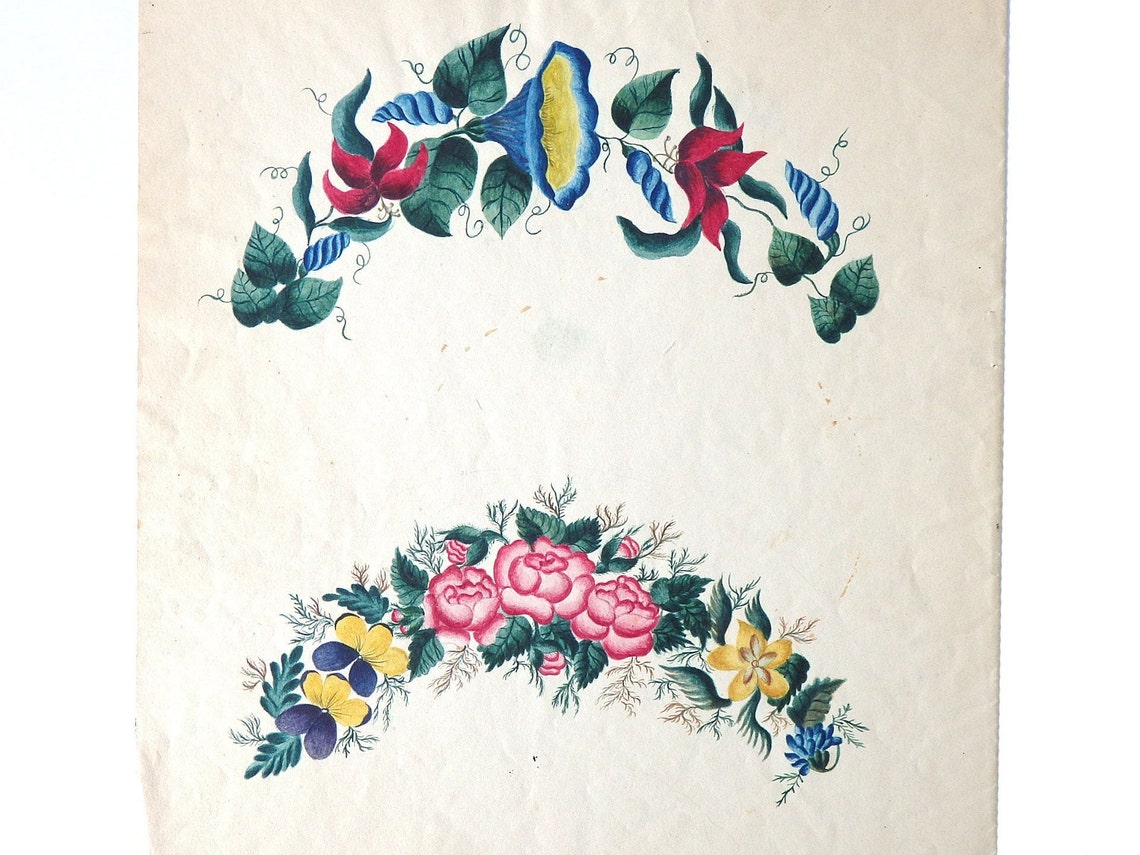 Antique Theorem Painting on Paper Flowers Folk Art Painting | Etsy