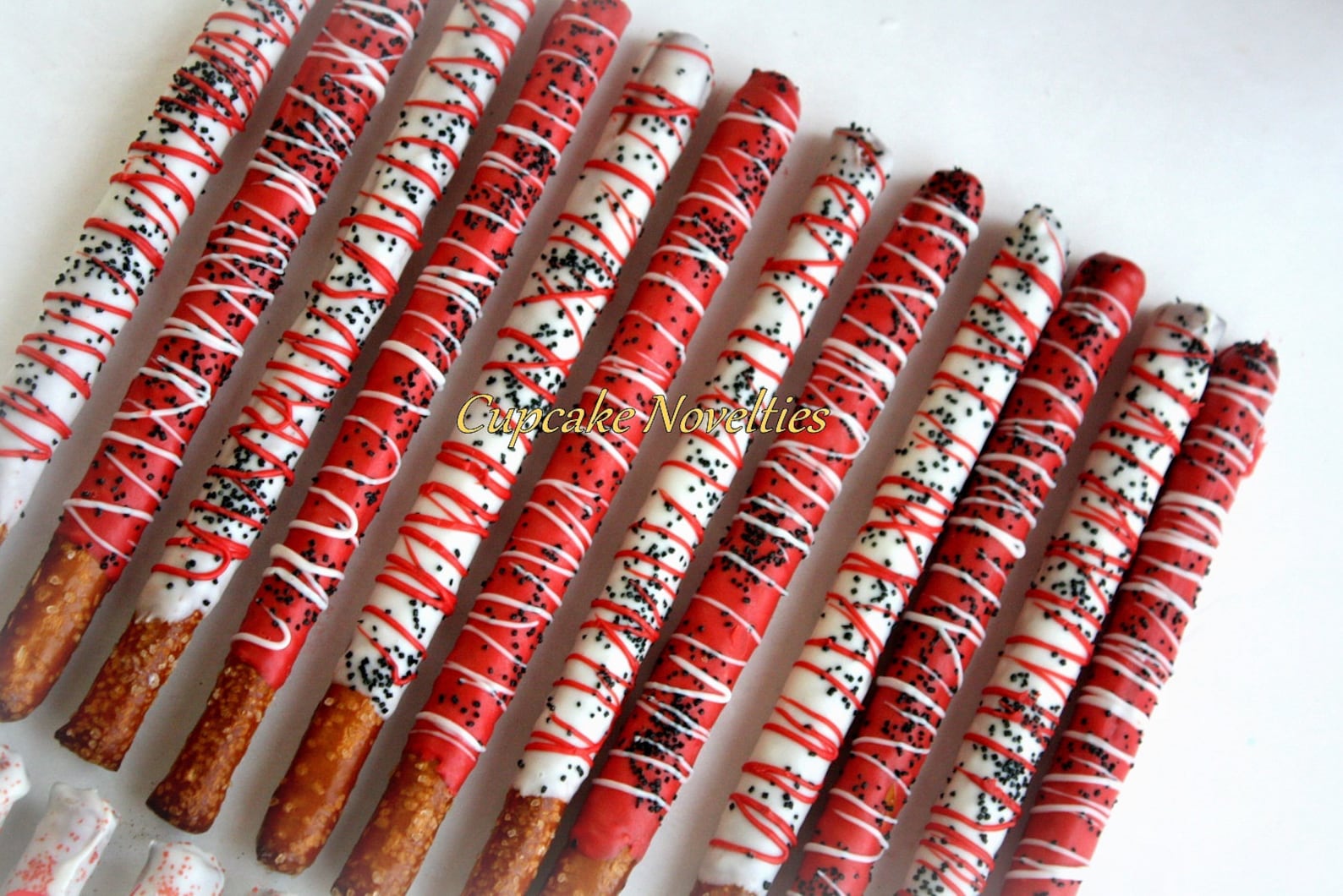 Gourmet Chocolate Dipped Pretzels Red Black Party Dessert Table Party ...