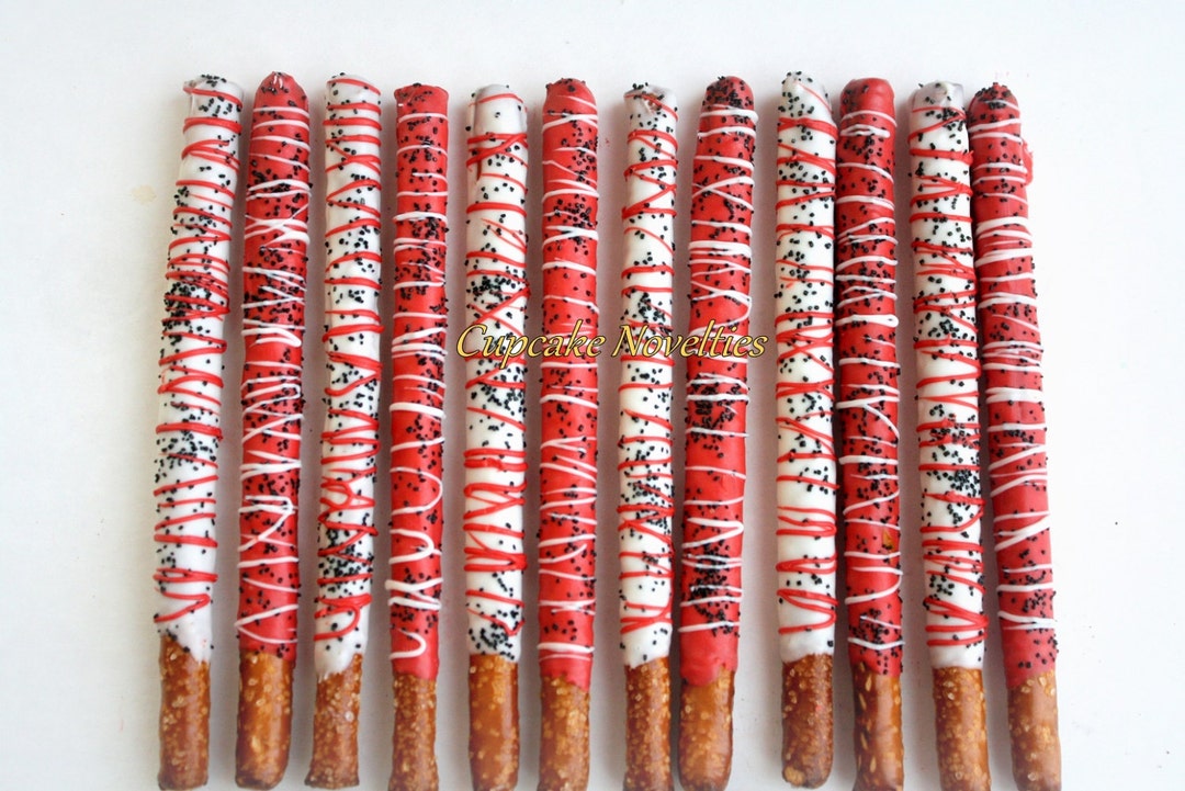 Gourmet Chocolate Dipped Pretzels Red Black Party Dessert Table Party ...