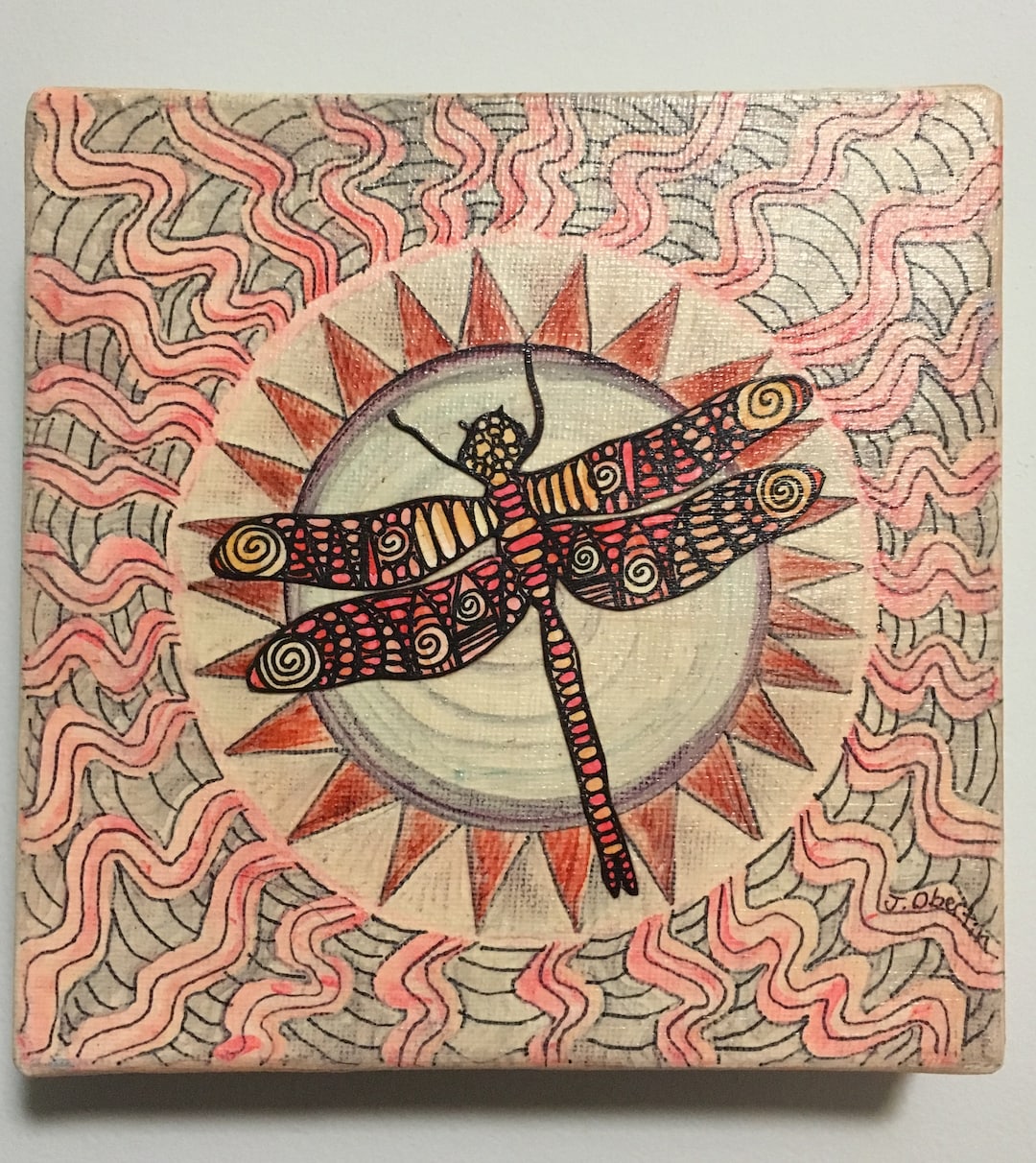 Dragonfly Canvas Collage - One of a Kind Pen & Ink Drawing - 6" X 6 ...