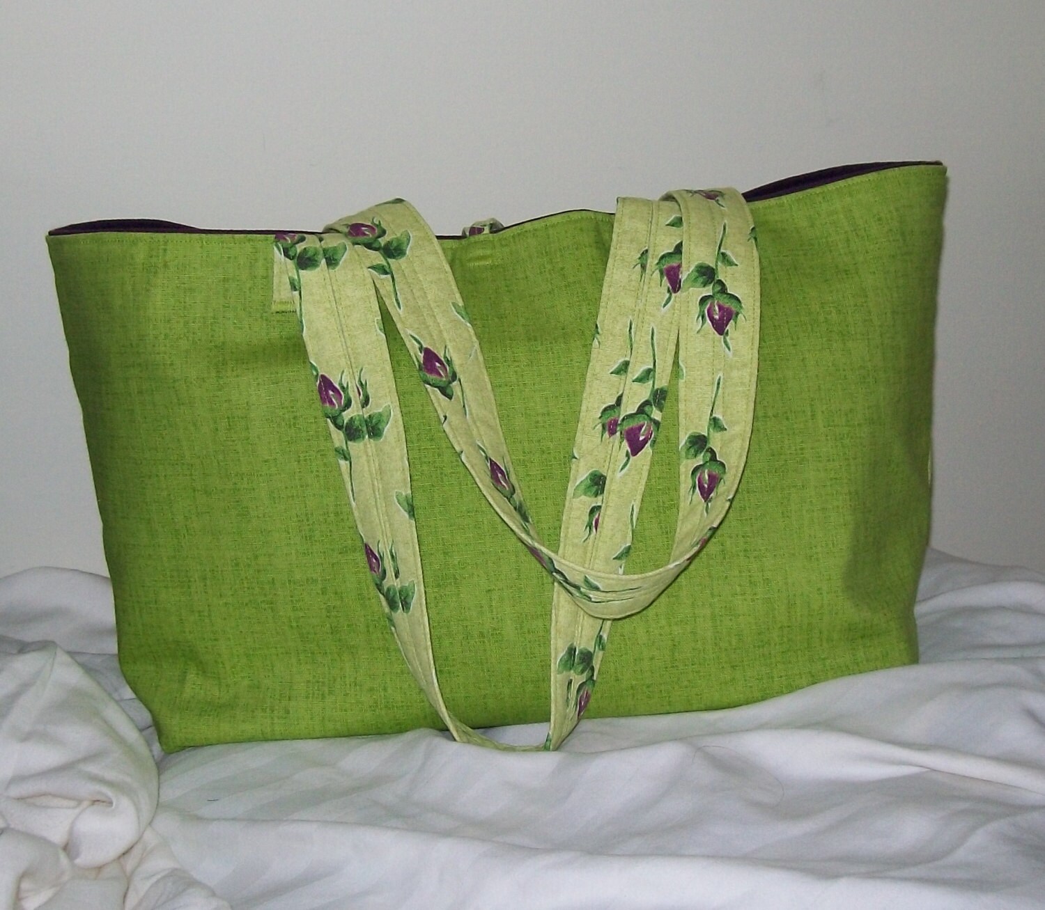 Floral Tote Bag: Lime Green Daytripper, Purple Tulip Pocket - Etsy