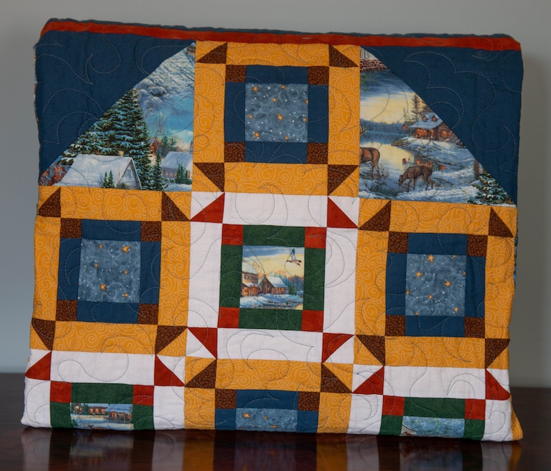 Winter throw quilt with snowy outdoor scenes deer church | Etsy