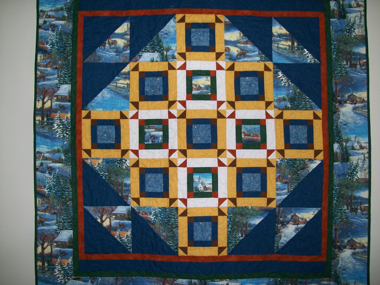 Winter throw quilt with snowy outdoor scenes deer church | Etsy