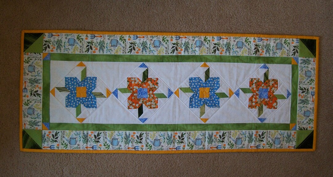 Garden Table Runner Patchwork Floral Quilted Topper Blue Orange Green ...