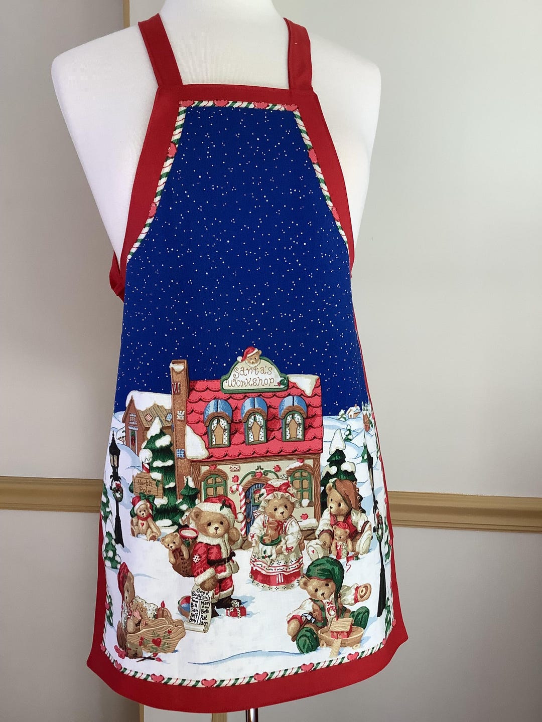 Child Apron Reversible Christmas Santas Workshop Teddy Bears Fully ...