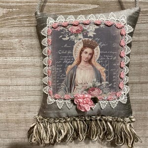 Blessed Mary Gray Silk Scented Sachet...madonna Hanging Door Pillow ...