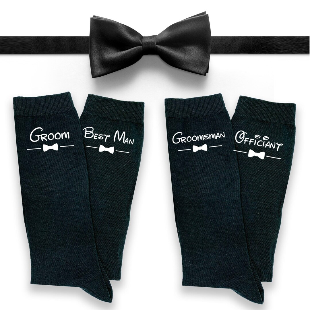 Bow Tie Wedding Party Socks With Fun Font, Officiant and Groomsmen Socks, Groomsman Wedding ...
