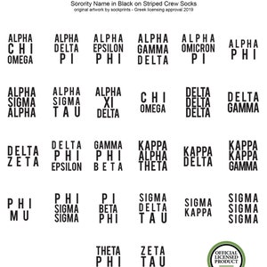 Sorority Name in Black Block Writing on Striped Crew Socks, All 26 NPC ...