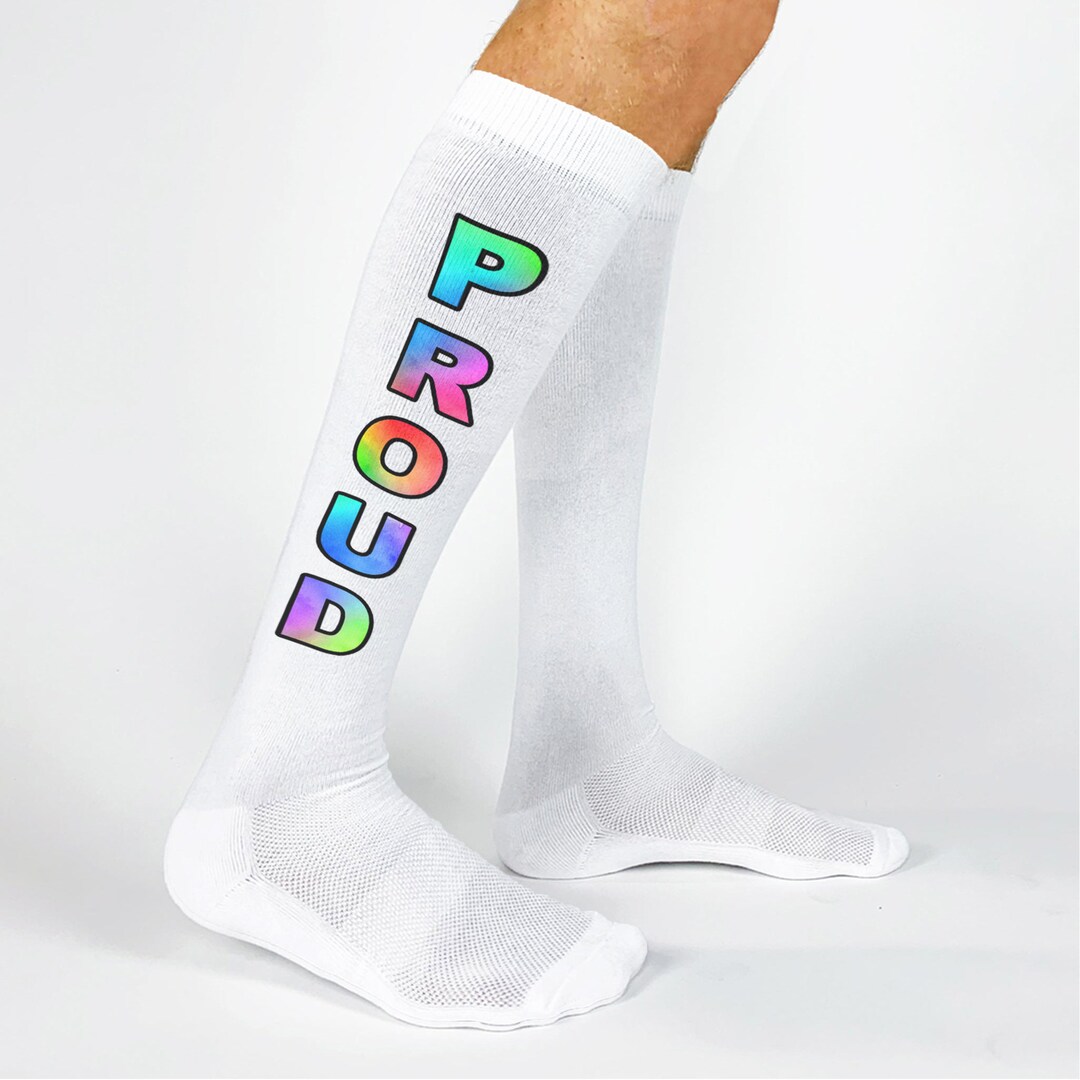 LGBTQ Rainbow PROUD Knee High Socks, White Cotton Knee High Socks With ...