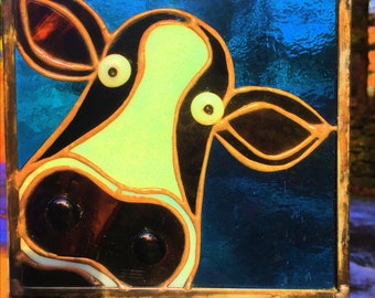 Farmhouse Stained Glass Panel Peeking Cow, Cow Stained Glass Panel ...