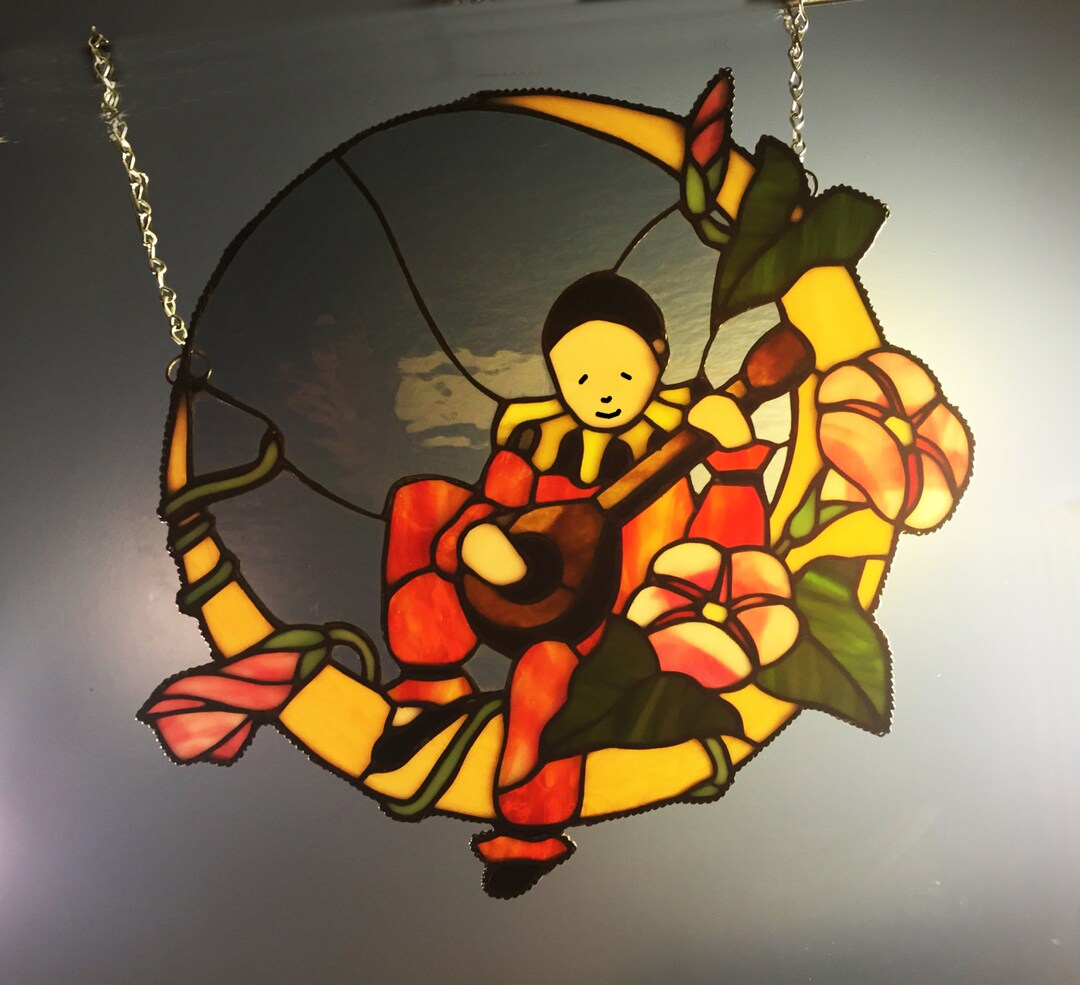 PANEL Stained Glass Clown With Pansies on Moon - Etsy