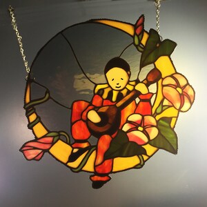 PANEL Stained Glass Clown With Pansies on Moon - Etsy