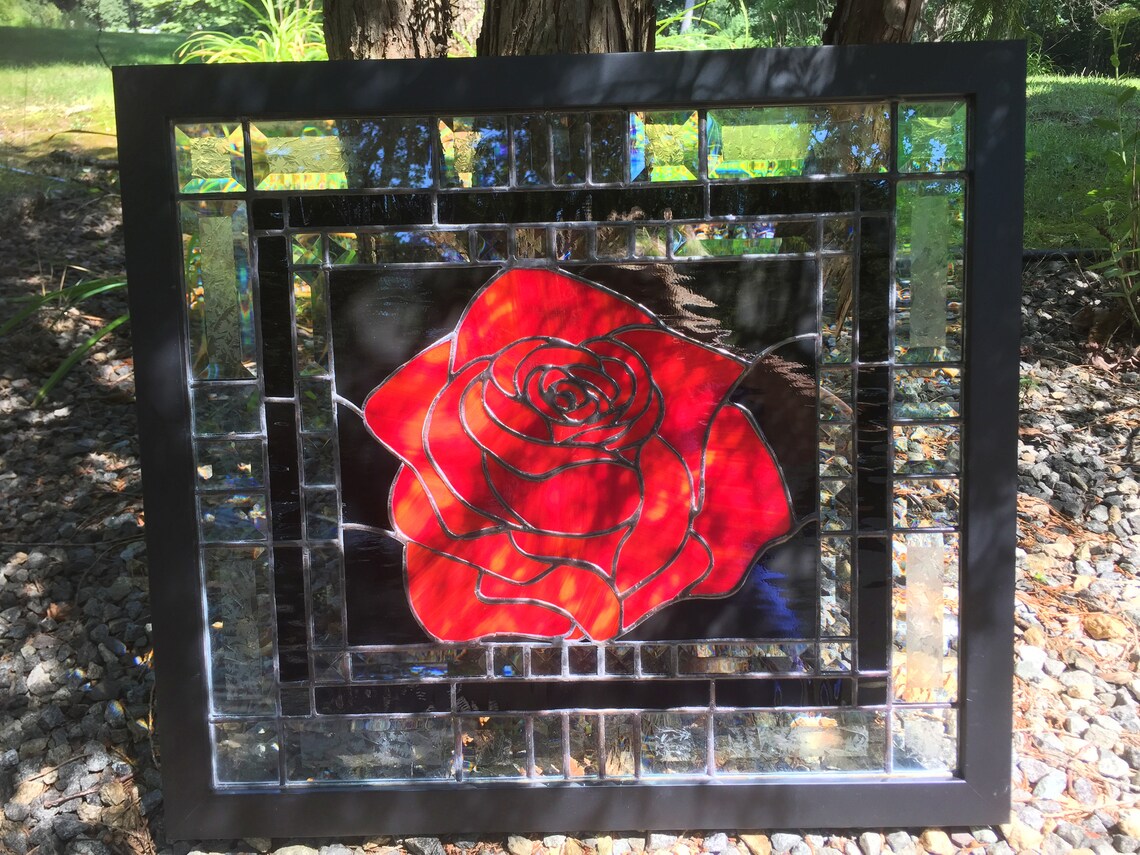 Framed Stained Glass Rose Panel - Etsy