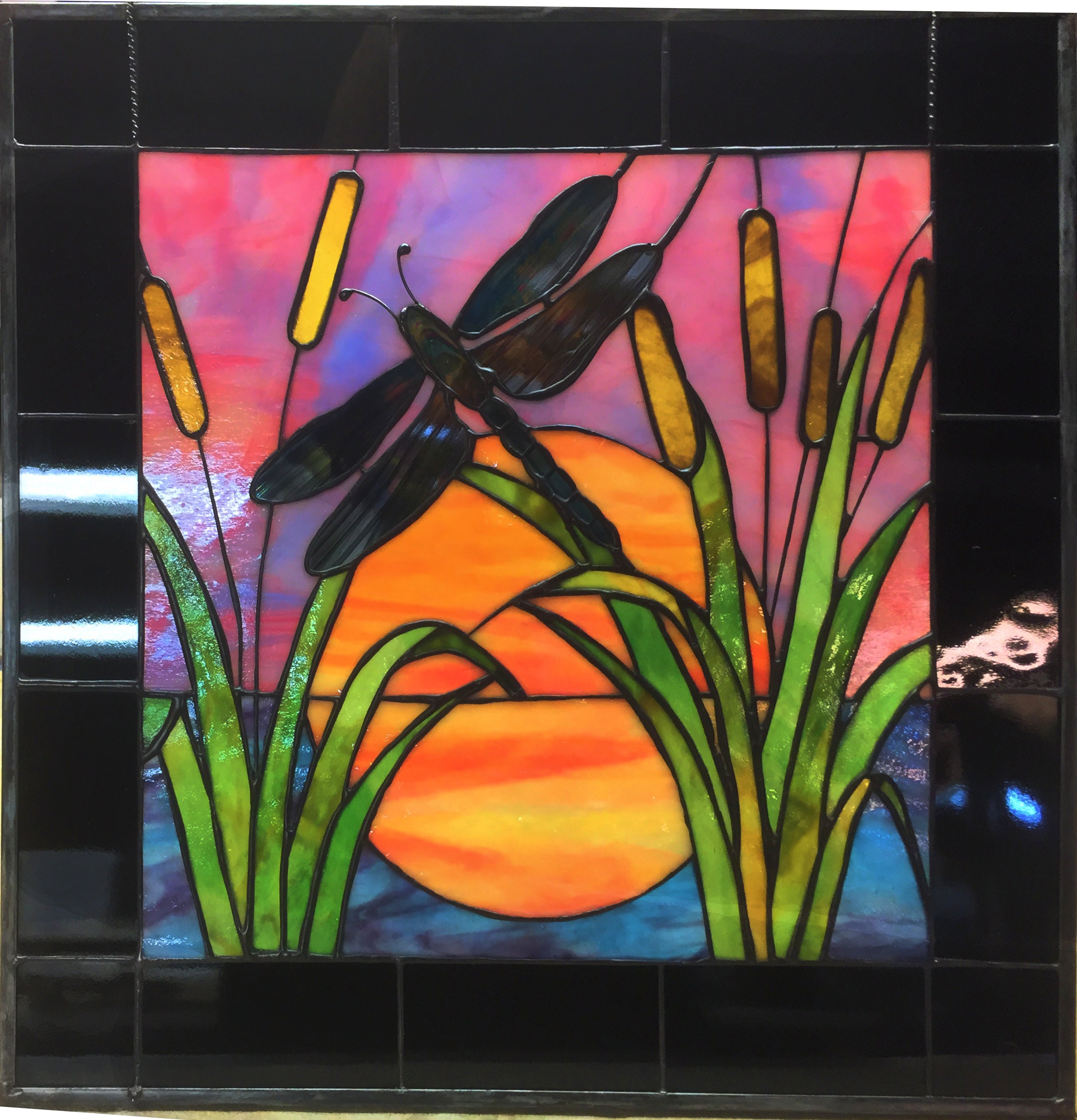 Panel Stained Glass Dragonfly At Sunset With Cattails Etsy