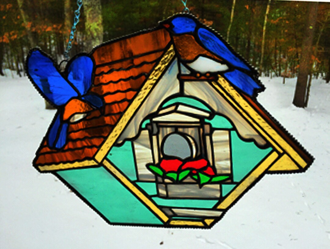 PANEL Stained Glass Blue Bird House Hanging Panel - Etsy