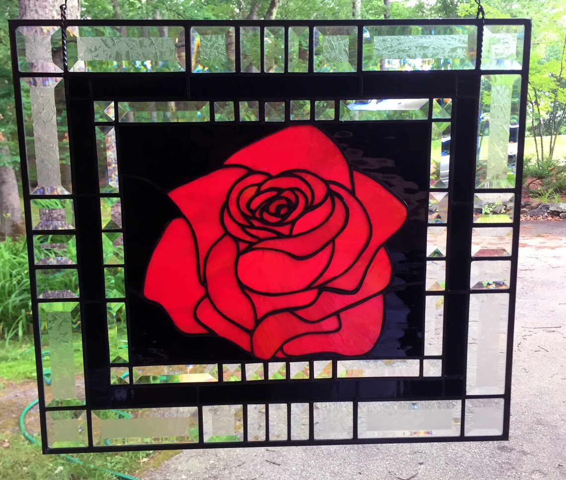Framed Stained Glass Rose Panel - Etsy