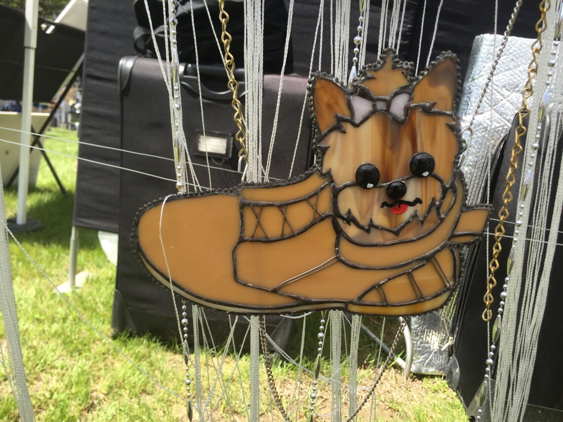 PANEL Stained Glass Yorkie in a Shoe Panel - Etsy