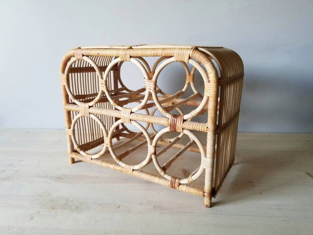 Vintage wicker wine rack | rattan bentwood wine holder